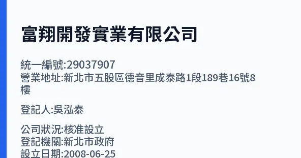 富翔開發實業有限公司的照片-統編 29037907(新北市) 公司登記資料與營業項目詳細圖表