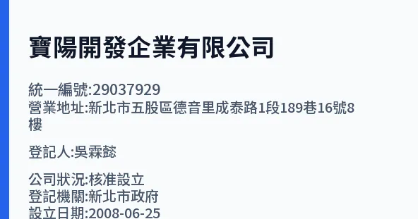寶陽開發企業有限公司的照片-統編 29037929(新北市) 公司登記資料與營業項目詳細圖表