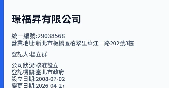 璟福昇有限公司的照片-統編 29038568(新北市) 公司登記資料與營業項目詳細圖表