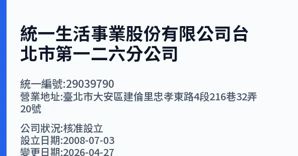 統一生活事業股份有限公司台北市第一二六分公司的照片-統編 29039790(臺北市) 公司登記資料與營業項目詳細圖表