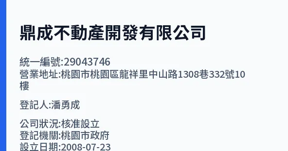 鼎成不動產開發有限公司的照片-統編 29043746(桃園市) 公司登記資料與營業項目詳細圖表