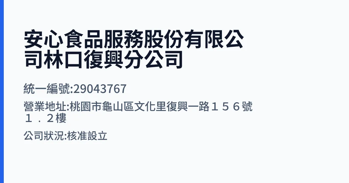 安心食品服務股份有限公司林口復興分公司 - 統編 29043767(桃園市) 公司登記資料與營業項目詳細圖表