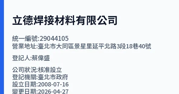 立德焊接材料有限公司的照片-統編 29044105(臺北市) 公司登記資料與營業項目詳細圖表