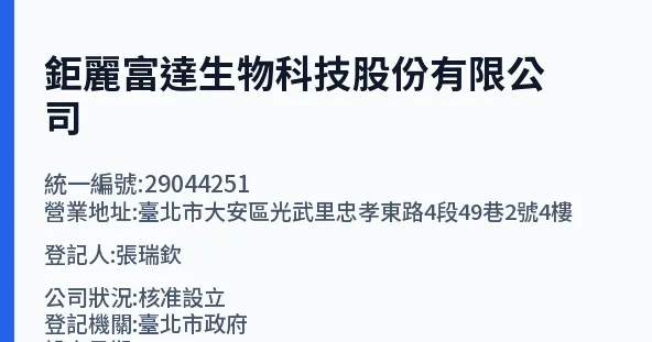 鉅麗富達生物科技股份有限公司的照片-統編 29044251(臺北市) 公司登記資料與營業項目詳細圖表