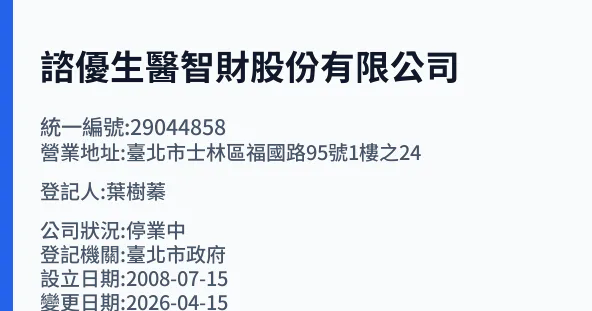 諮優生醫智財股份有限公司的照片-統編 29044858(臺北市) 公司登記資料與營業項目詳細圖表