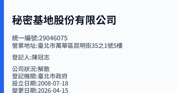 秘密基地股份有限公司的照片-統編 29046075(臺北市) 公司登記資料與營業項目詳細圖表