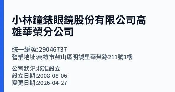 小林鐘錶眼鏡股份有限公司高雄華榮分公司的照片-統編 29046737(高雄市) 公司登記資料與營業項目詳細圖表