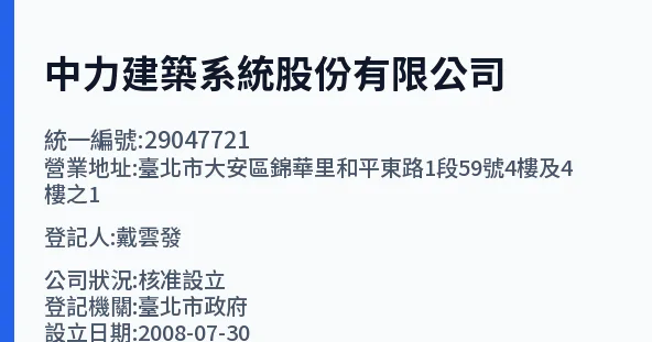 中力建築系統股份有限公司的照片-統編 29047721(臺北市) 公司登記資料與營業項目詳細圖表