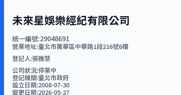 未來星娛樂經紀有限公司的照片-統編 29048691(臺北市) 公司登記資料與營業項目詳細圖表
