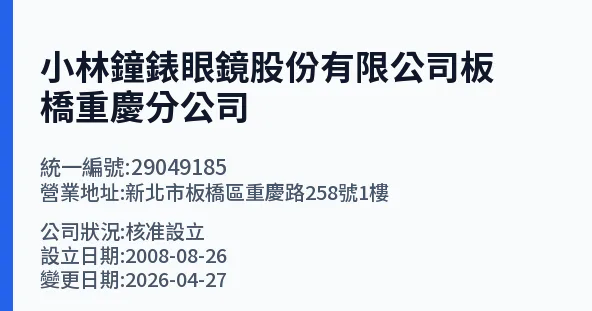 小林鐘錶眼鏡股份有限公司板橋重慶分公司的照片-統編 29049185(新北市) 公司登記資料與營業項目詳細圖表