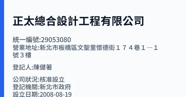 正太總合設計工程有限公司的照片-統編 29053080(新北市) 公司登記資料與營業項目詳細圖表