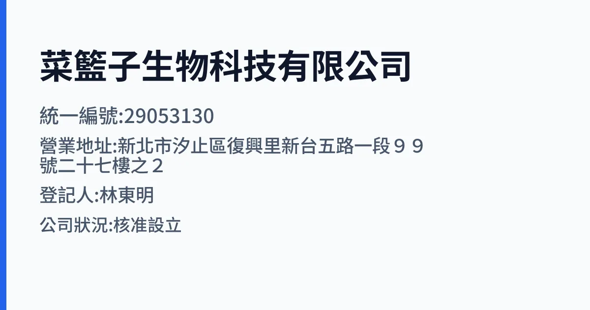 菜籃子生物科技有限公司 - 統編 29053130(新北市) 公司登記資料與營業項目詳細圖表
