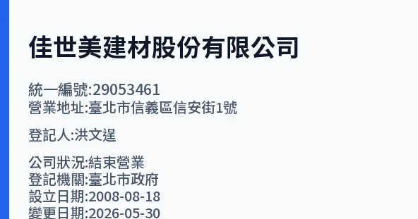 佳世美建材股份有限公司的照片-統編 29053461(臺北市) 公司登記資料與營業項目詳細圖表