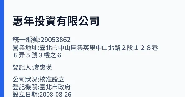 惠年投資有限公司的照片-統編 29053862(臺北市) 公司登記資料與營業項目詳細圖表