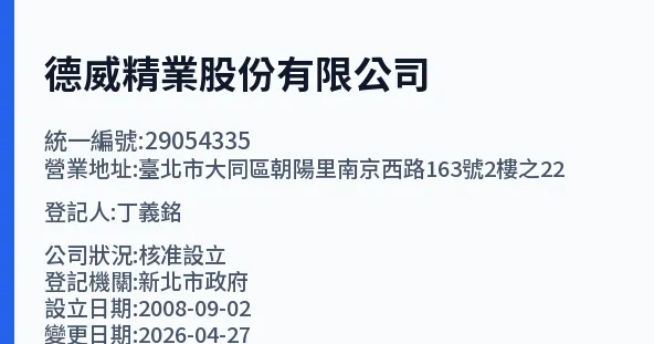 德威精業股份有限公司的照片-統編 29054335(臺北市) 公司登記資料與營業項目詳細圖表