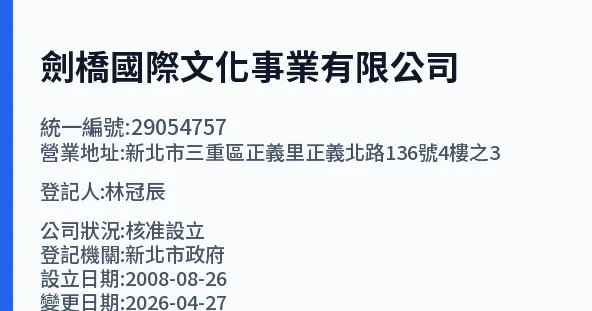 劍橋國際文化事業有限公司的照片-統編 29054757(新北市) 公司登記資料與營業項目詳細圖表