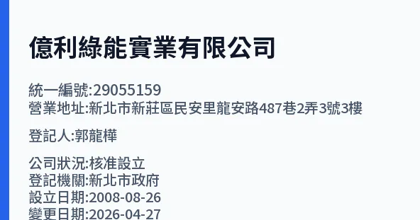 億利綠能實業有限公司的照片-統編 29055159(新北市) 公司登記資料與營業項目詳細圖表