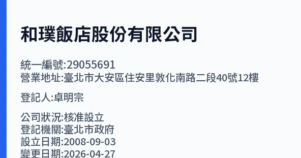 和璞飯店股份有限公司的照片-統編 29055691(臺北市) 公司登記資料與營業項目詳細圖表