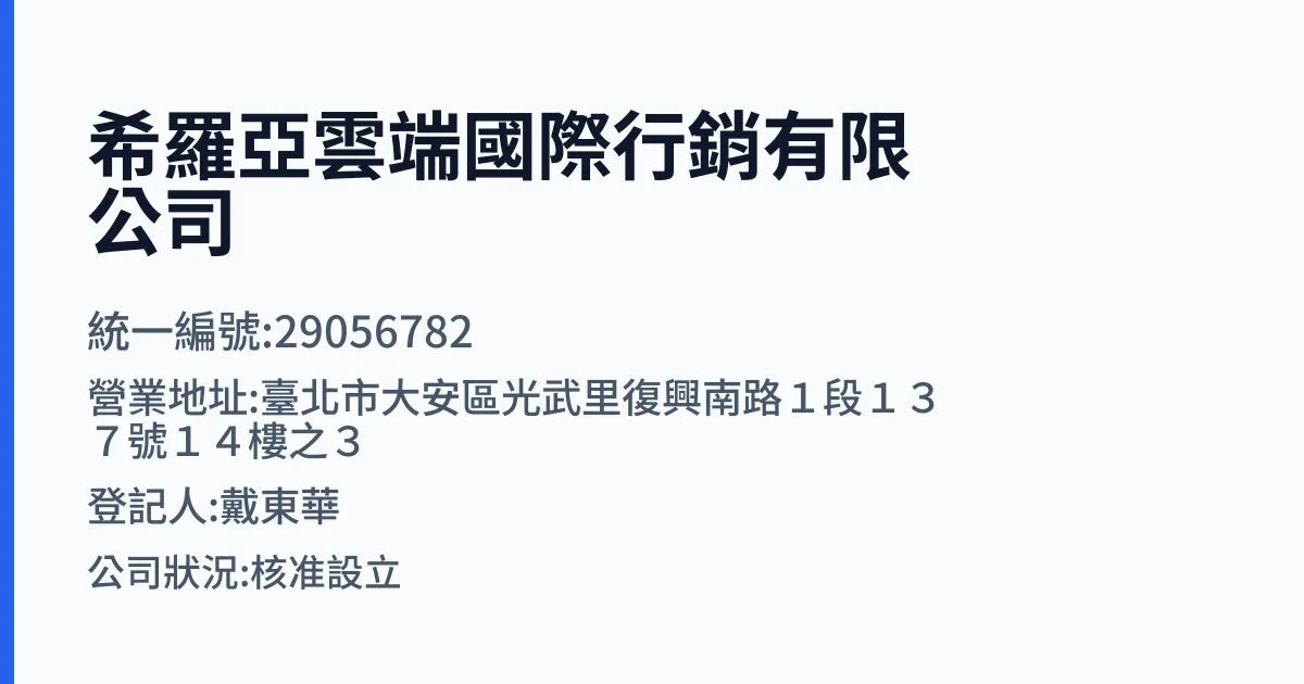 希羅亞雲端國際行銷有限公司 - 統編 29056782(臺北市) 公司登記資料與營業項目詳細圖表