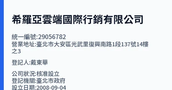 希羅亞雲端國際行銷有限公司的照片-統編 29056782(臺北市) 公司登記資料與營業項目詳細圖表