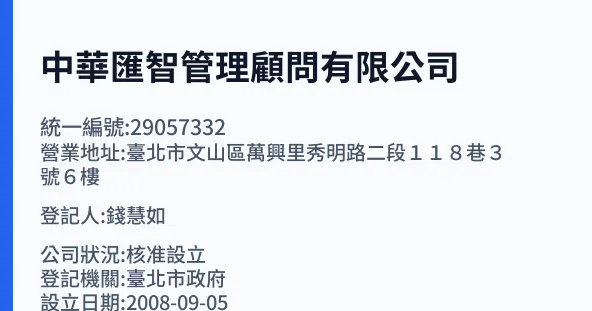 中華匯智管理顧問有限公司的照片-統編 29057332(臺北市) 公司登記資料與營業項目詳細圖表