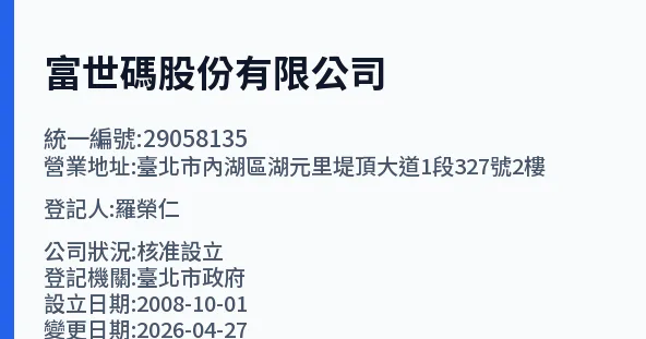 富世碼股份有限公司的照片-統編 29058135(臺北市) 公司登記資料與營業項目詳細圖表