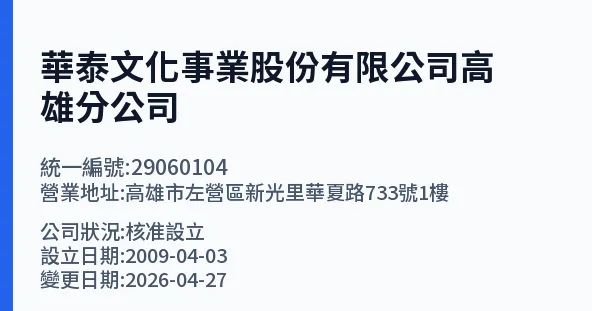 華泰文化事業股份有限公司高雄分公司的照片-統編 29060104(高雄市) 公司登記資料與營業項目詳細圖表