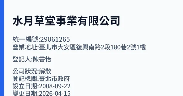 水月草堂事業有限公司的照片-統編 29061265(臺北市) 公司登記資料與營業項目詳細圖表