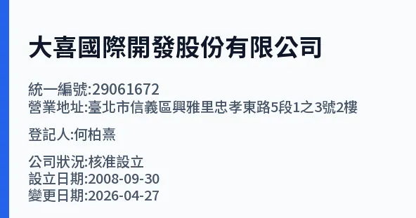 大喜國際開發股份有限公司的照片-統編 29061672(臺北市) 公司登記資料與營業項目詳細圖表
