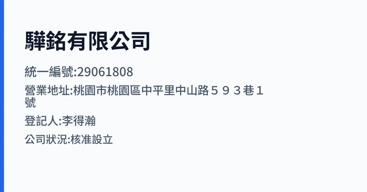 驊銘有限公司 - 統編 29061808(臺北市) 公司登記資料與營業項目詳細圖表