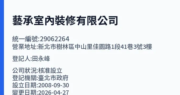 藝承室內裝修有限公司的照片-統編 29062264(新北市) 公司登記資料與營業項目詳細圖表