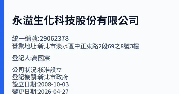 永溢生化科技股份有限公司的照片-統編 29062378(新北市) 公司登記資料與營業項目詳細圖表
