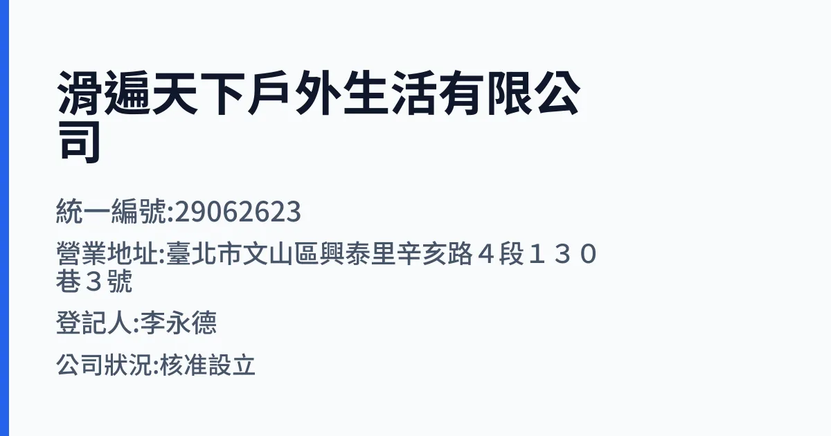 滑遍天下戶外生活有限公司 - 統編 29062623(臺北市) 公司登記資料與營業項目詳細圖表