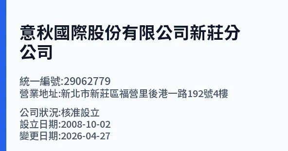 意秋國際股份有限公司新莊分公司的照片-統編 29062779(新北市) 公司登記資料與營業項目詳細圖表