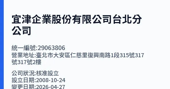 宜津企業股份有限公司台北分公司的照片-統編 29063806(臺北市) 公司登記資料與營業項目詳細圖表