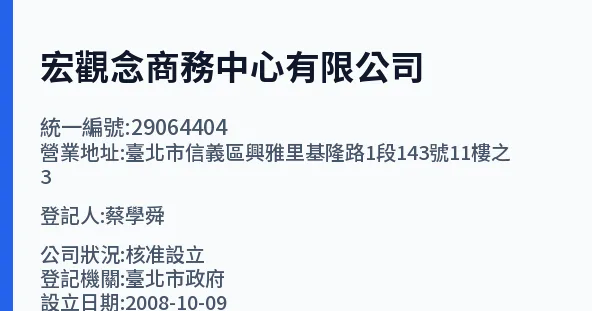 宏觀念商務中心有限公司的照片-統編 29064404(臺北市) 公司登記資料與營業項目詳細圖表