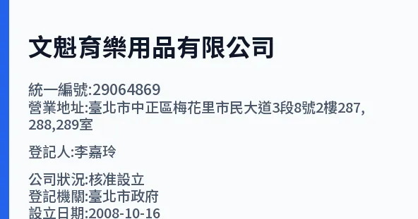 文魁育樂用品有限公司的照片-統編 29064869(臺北市) 公司登記資料與營業項目詳細圖表