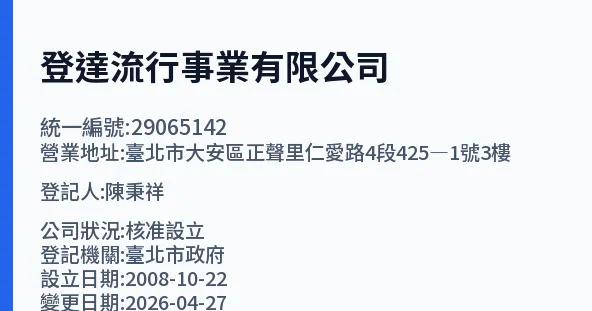 登達流行事業有限公司的照片-統編 29065142(臺北市) 公司登記資料與營業項目詳細圖表