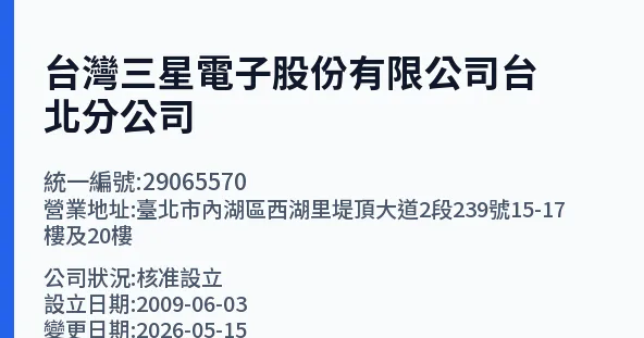 台灣三星電子股份有限公司台北分公司的照片-統編 29065570(臺北市) 公司登記資料與營業項目詳細圖表