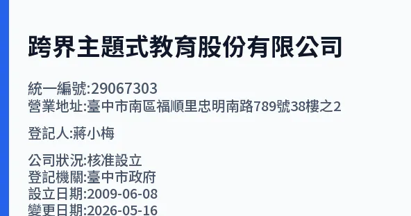 跨界主題式教育股份有限公司的照片-統編 29067303(臺中市) 公司登記資料與營業項目詳細圖表