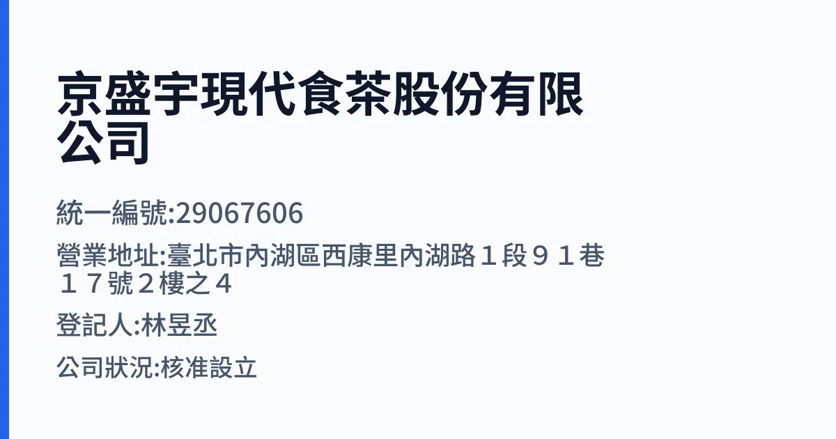京盛宇現代食茶股份有限公司 - 統編 29067606(臺北市) 公司登記資料與營業項目詳細圖表