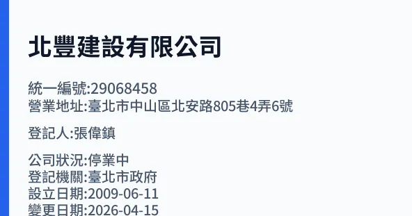 北豐建設有限公司的照片-統編 29068458(臺北市) 公司登記資料與營業項目詳細圖表