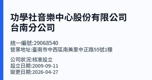 功學社音樂中心股份有限公司台南分公司的照片-統編 29068540(臺南市) 公司登記資料與營業項目詳細圖表