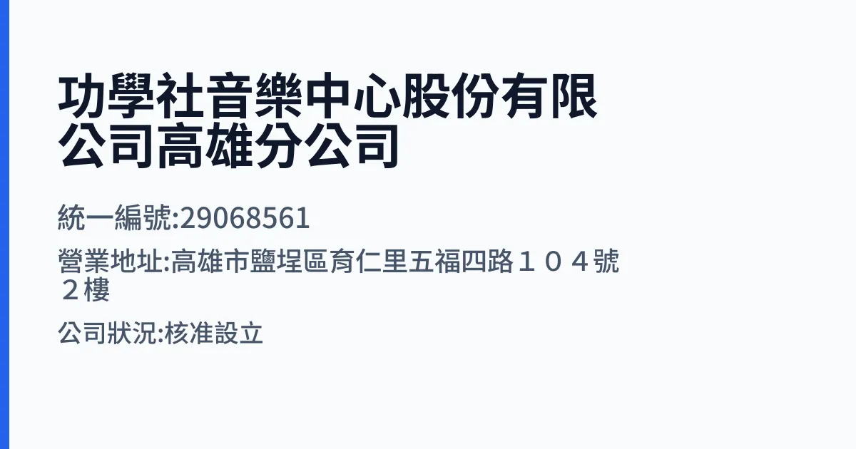 功學社音樂中心股份有限公司高雄分公司 - 統編 29068561(高雄市) 公司登記資料與營業項目詳細圖表