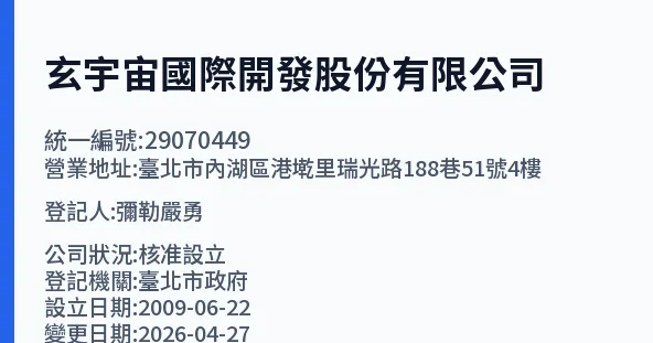 玄宇宙國際開發股份有限公司的照片-統編 29070449(臺北市) 公司登記資料與營業項目詳細圖表