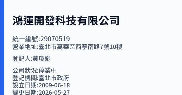 鴻運開發科技有限公司的照片-統編 29070519(臺北市) 公司登記資料與營業項目詳細圖表