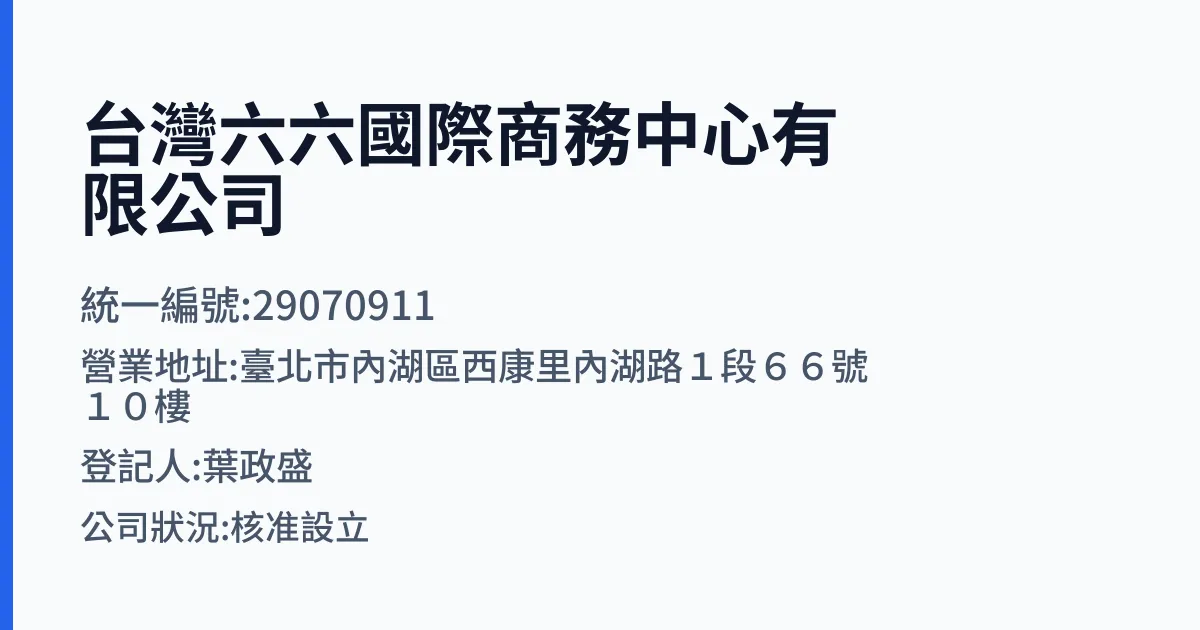 台灣六六國際商務中心有限公司 - 統編 29070911(臺北市) 公司登記資料與營業項目詳細圖表