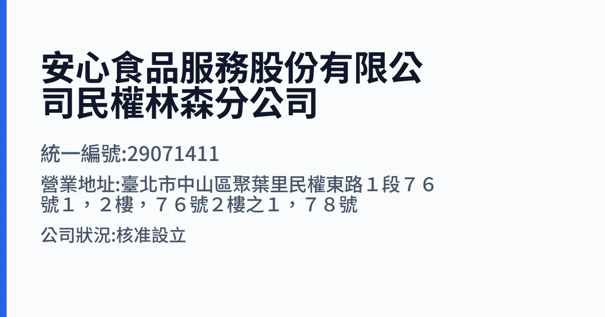 安心食品服務股份有限公司民權林森分公司 - 統編 29071411(臺北市) 公司登記資料與營業項目詳細圖表