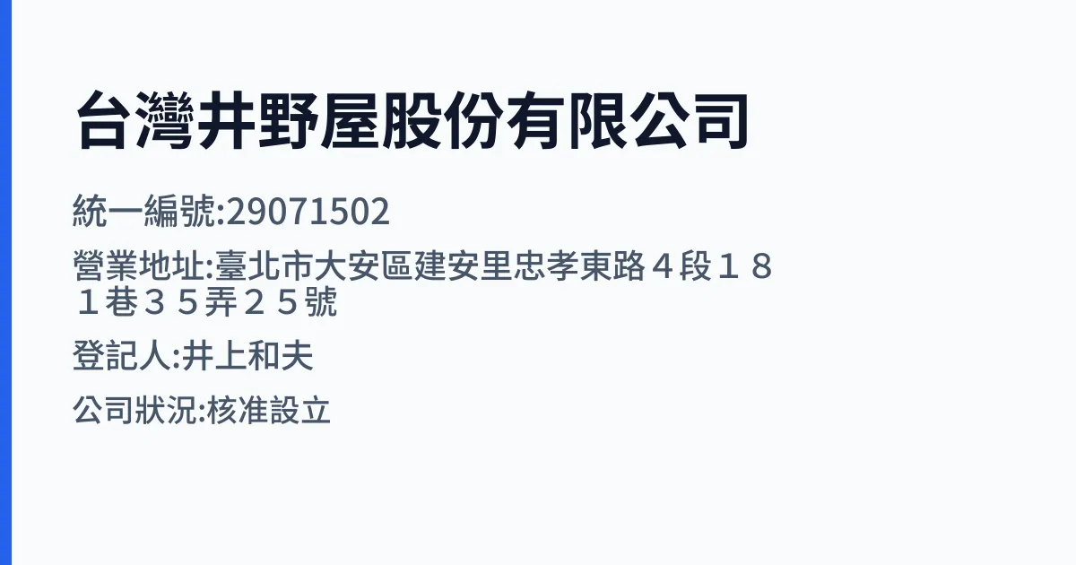 台灣井野屋股份有限公司 - 統編 29071502(臺北市) 公司登記資料與營業項目詳細圖表