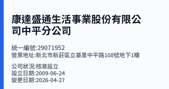 康達盛通生活事業股份有限公司中平分公司的照片-統編 29071952(新北市) 公司登記資料與營業項目詳細圖表